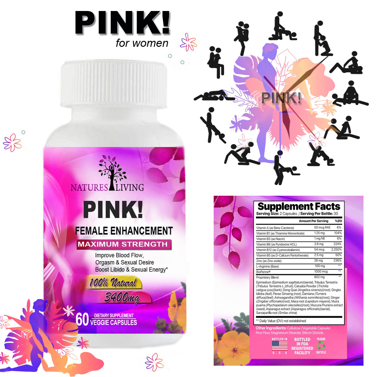 PINK! Pink Female Sensual Enhancement Supplement (1 Month Supply ...